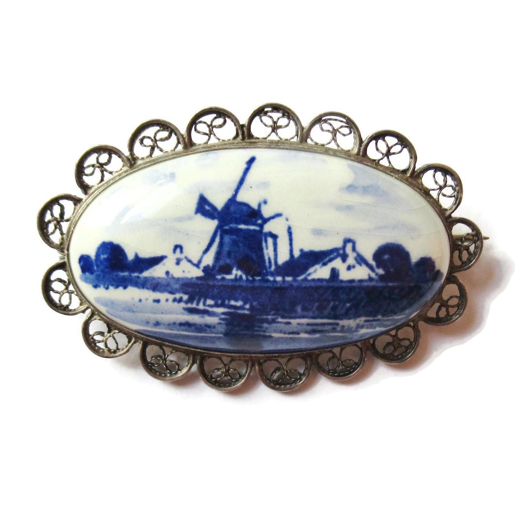Delft Brooch Oval Blue White Ceramic Pin Holland Windmill Dutch Jewelry ...