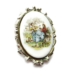 Rococo Style Brooch Oval Figures on Porcelain Baroque Style Silver ...