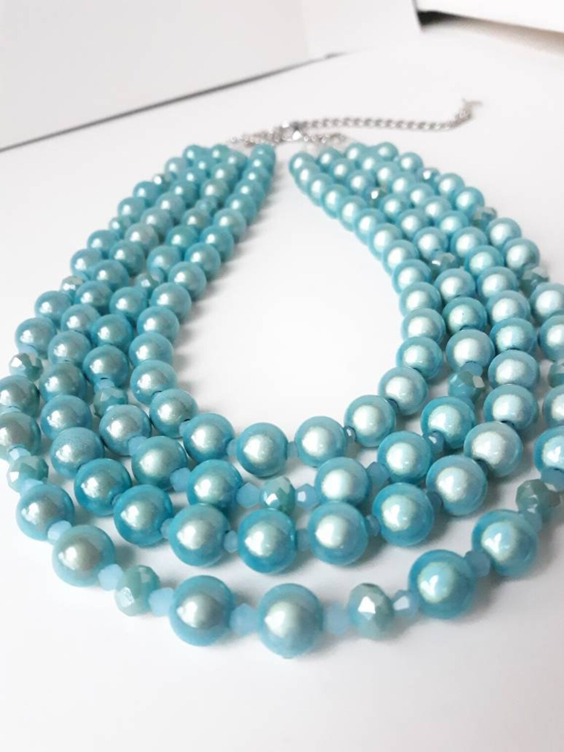 Light Blue Necklace, Bib, Statement Necklace, 4 Strand, Crystal, Beaded ...