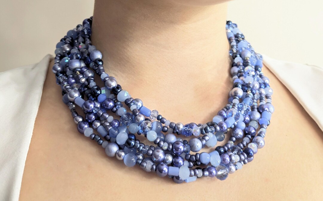 Periwinkle Crystal Statement Necklace, Beaded Multi Strand Evening ...