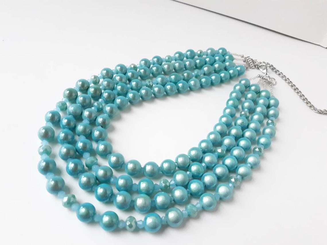 Light Blue Necklace, Bib, Statement Necklace, 4 Strand, Crystal, Beaded ...