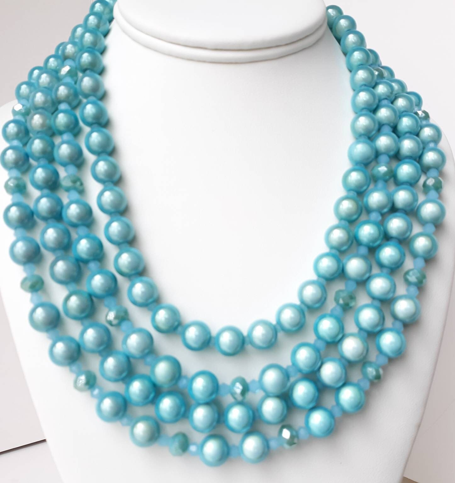 Light Blue Necklace, Bib, Statement Necklace, 4 Strand, Crystal, Beaded ...