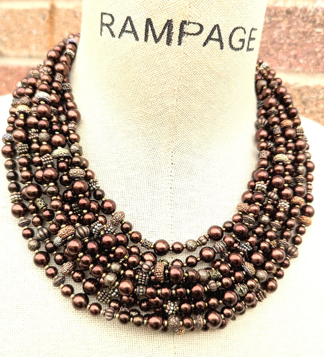 Chocolate Brown Pearl and Crystal Statement Necklace, Multistrand ...