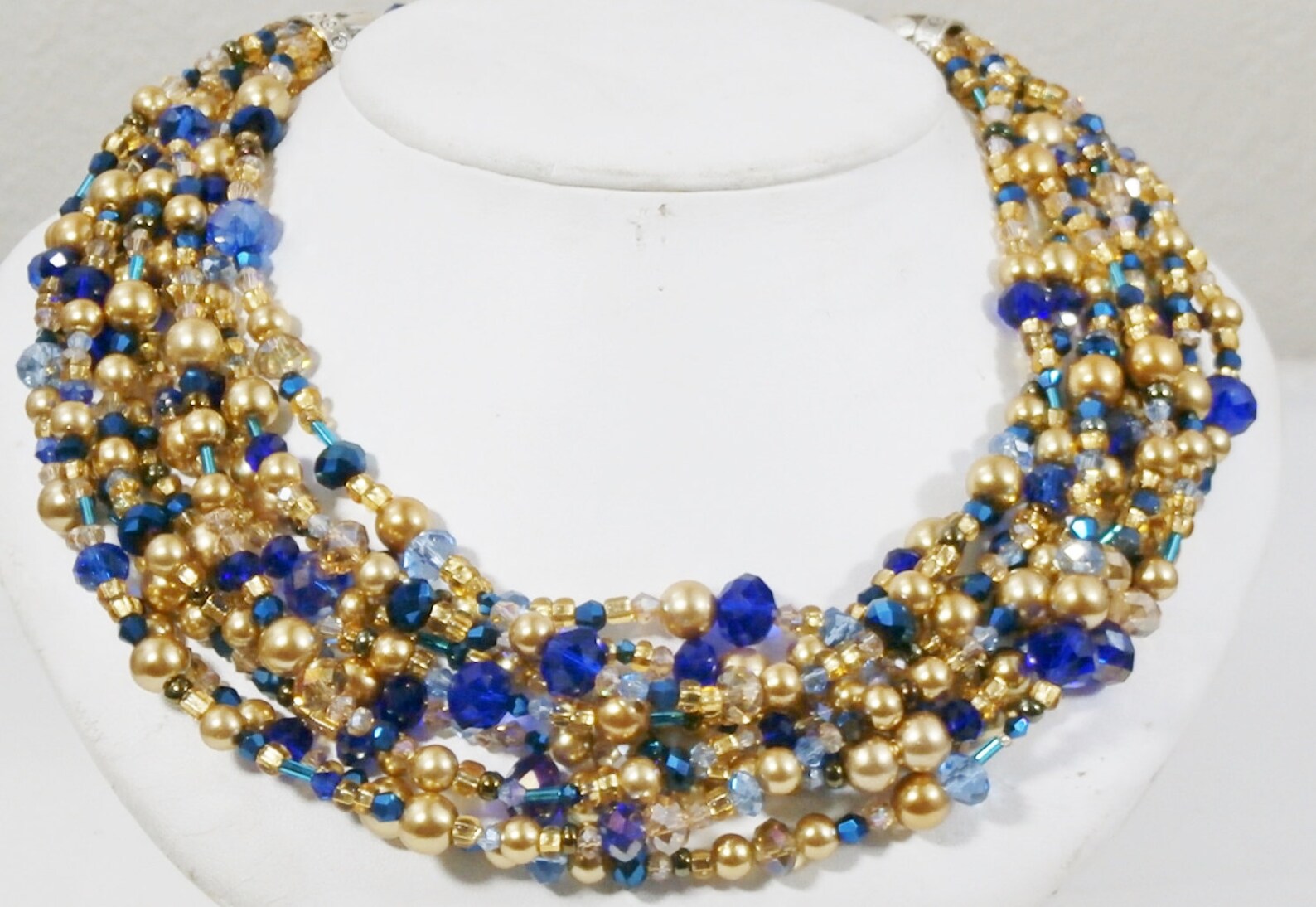 Gold Statement Necklace, Cobalt Blue, Multistrand Pearl, Crystal ...