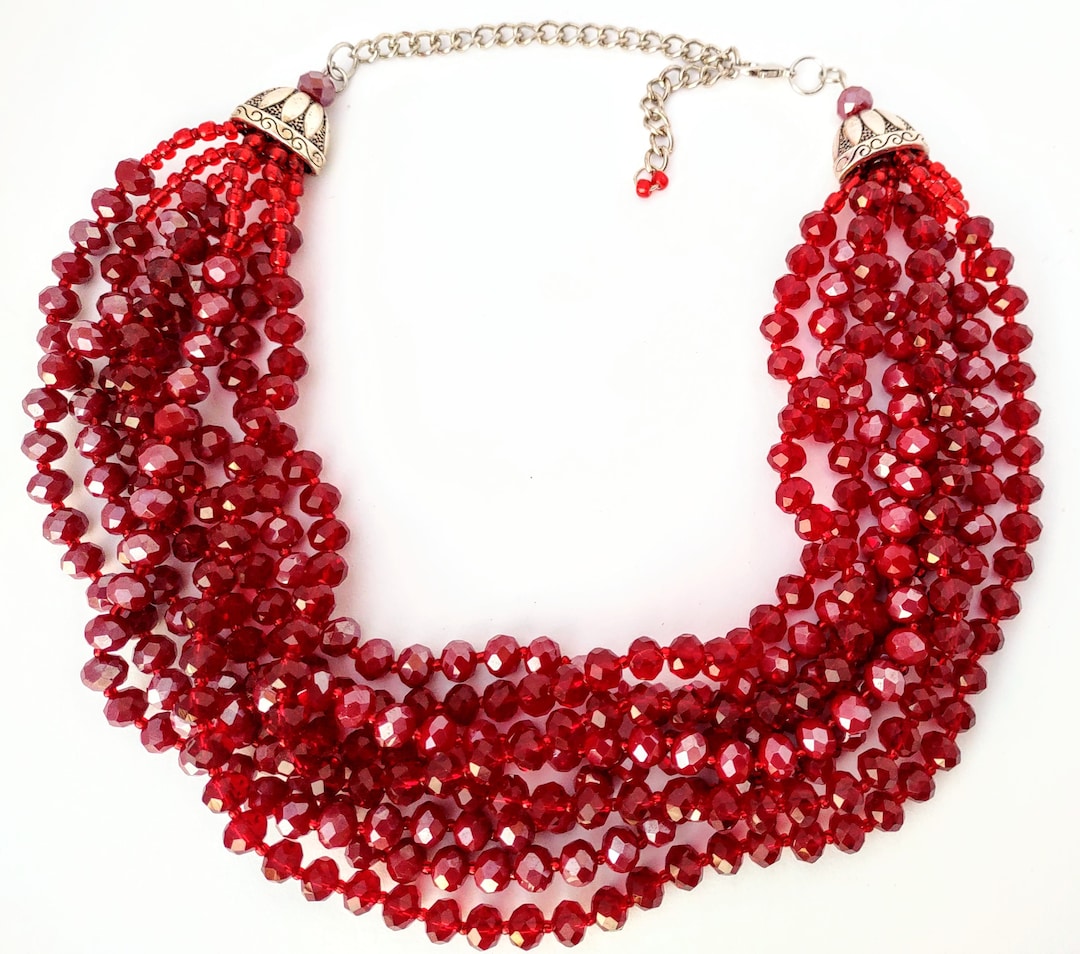 Red Crystal Necklace, Red Statement Necklace, Chunky Bold Multistrand ...