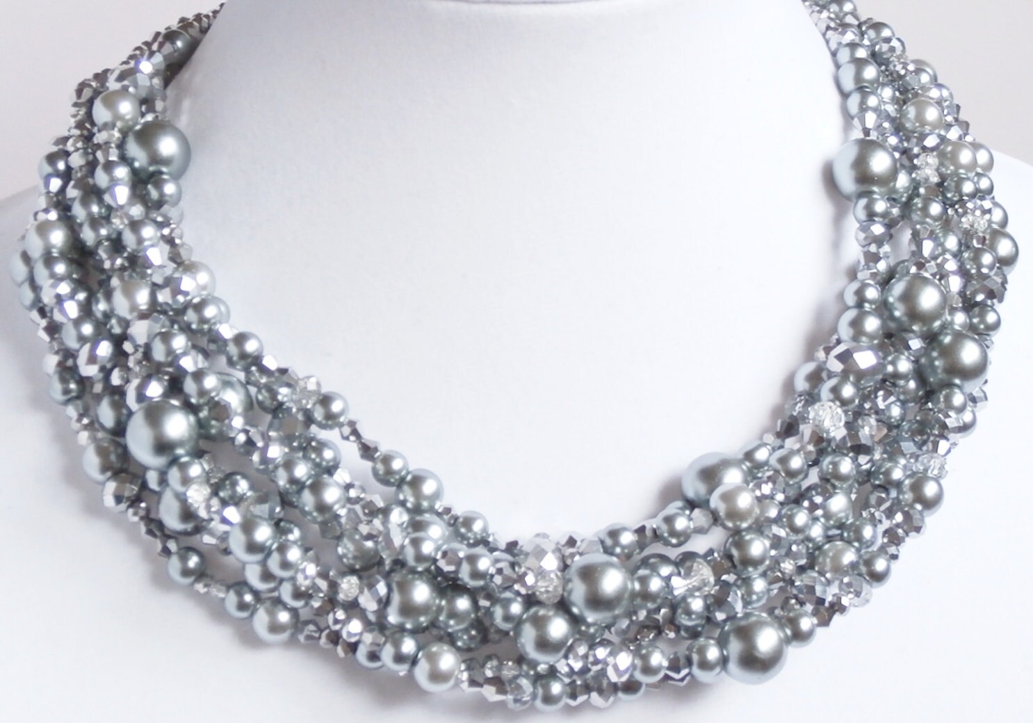 Chunky Silver Statement Necklace Gray Pearl Crystal Multistrand Beaded ...