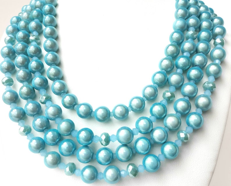Light Blue Necklace, Bib, Statement Necklace, 4 Strand, Crystal, Beaded ...