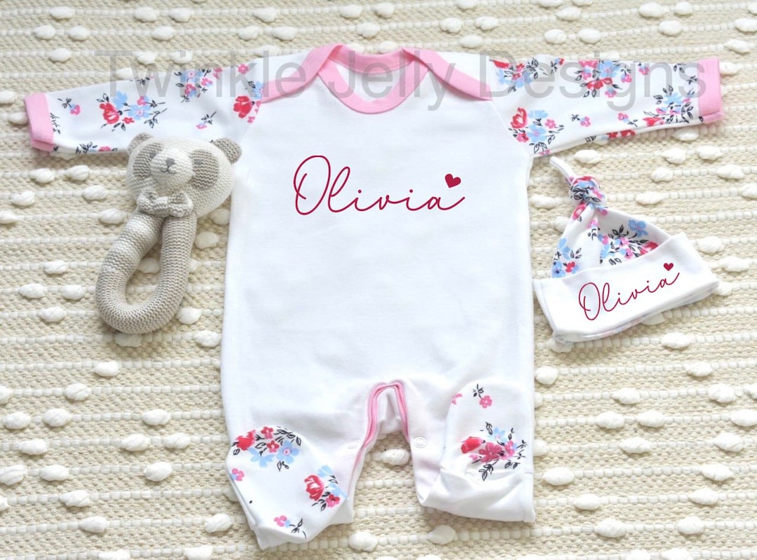 Personalized Floral Baby Sleepsuit With Matching Hat - Etsy