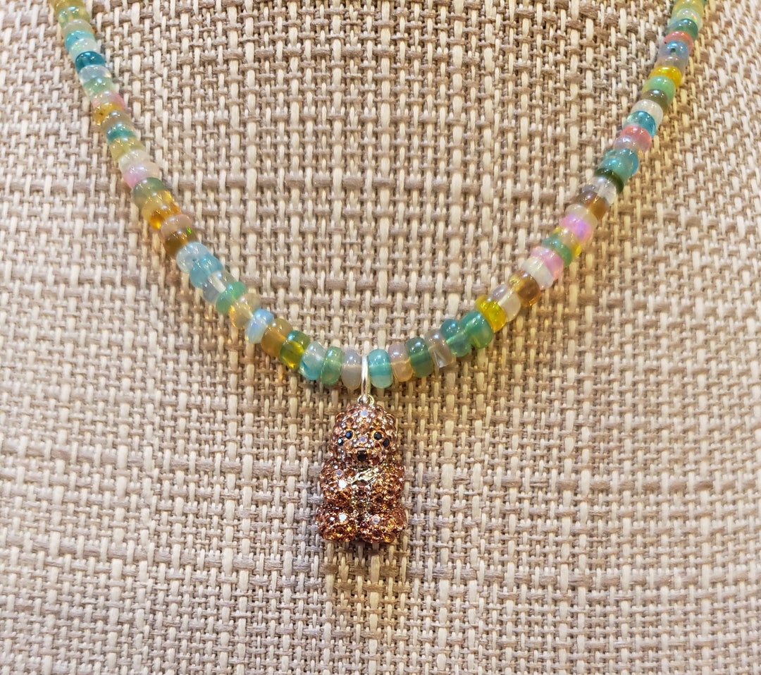 Pave Colored Sapphire Bear in 14k White Gold Vermeil on Rainbow Opal ...