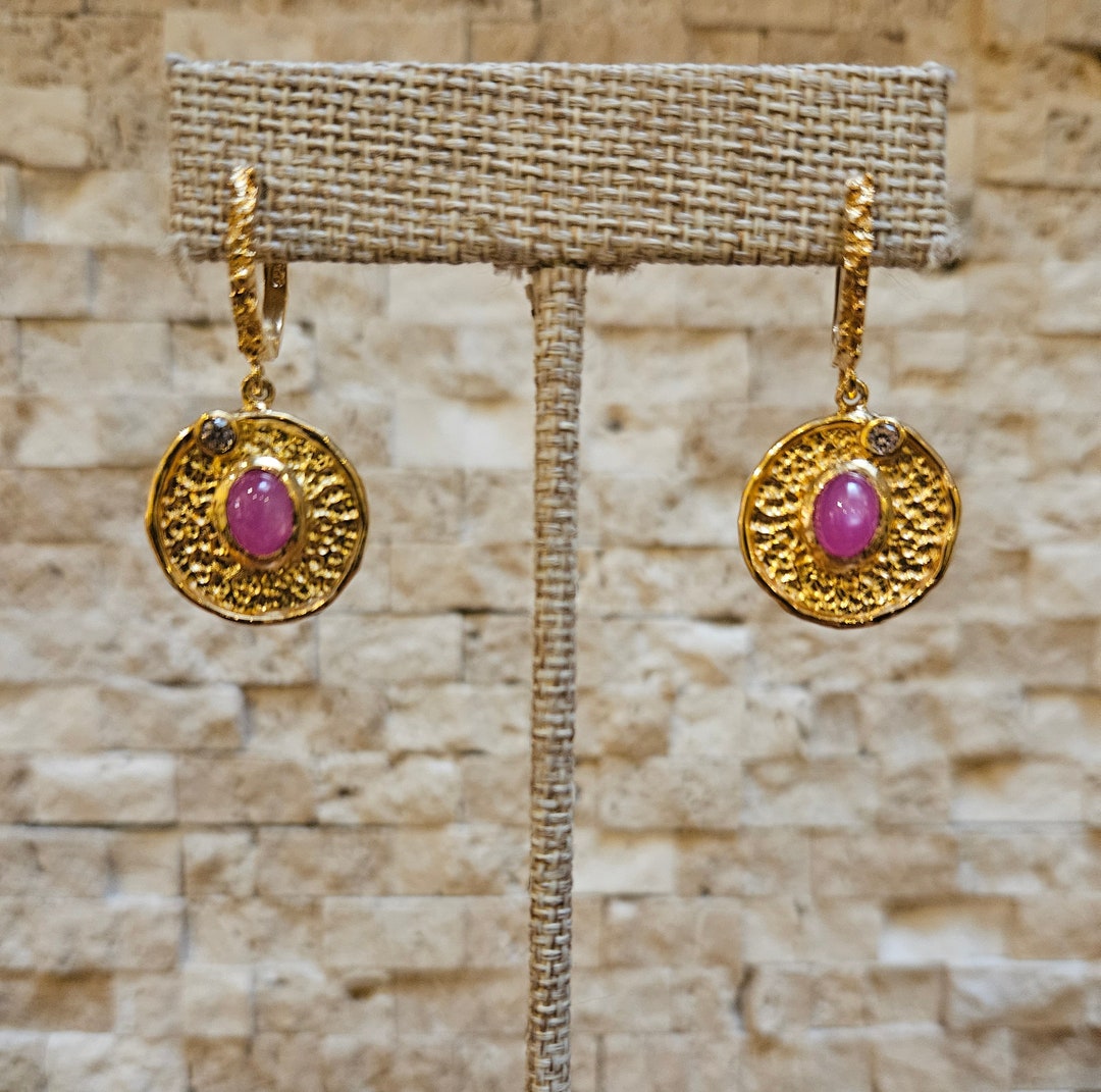 Pink Ruby Earrings in 14k Yellow Gold Vermeil - Etsy
