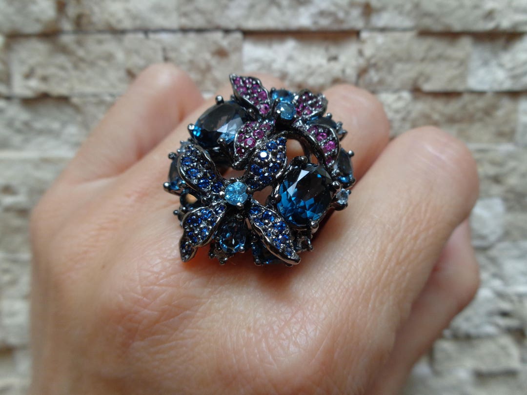 Big Blue Montana Topaz Ruby and Blue Sapphire Flower Ring in - Etsy