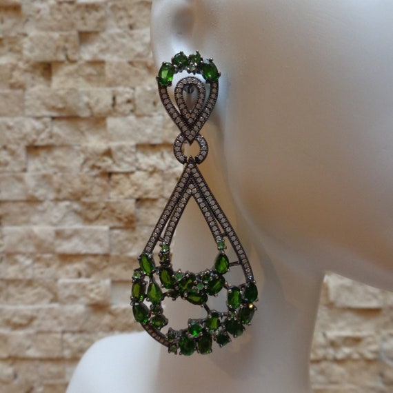 Emerald and Chrome Diopside Earring in Oxidized Sterling - Etsy
