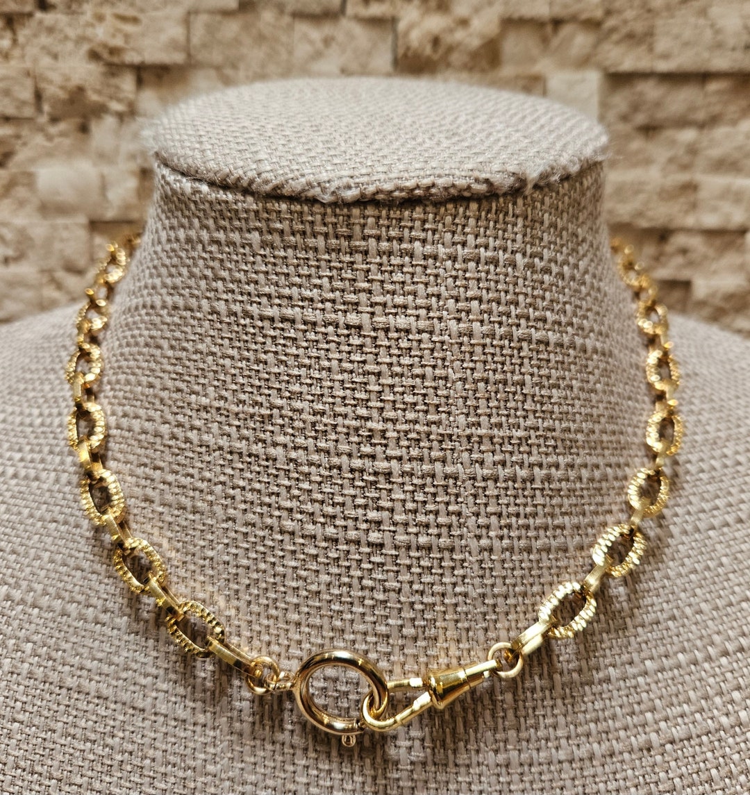 Vintage Link Chain Necklace With Watch Faub Charm Holder in Yellow Gold ...