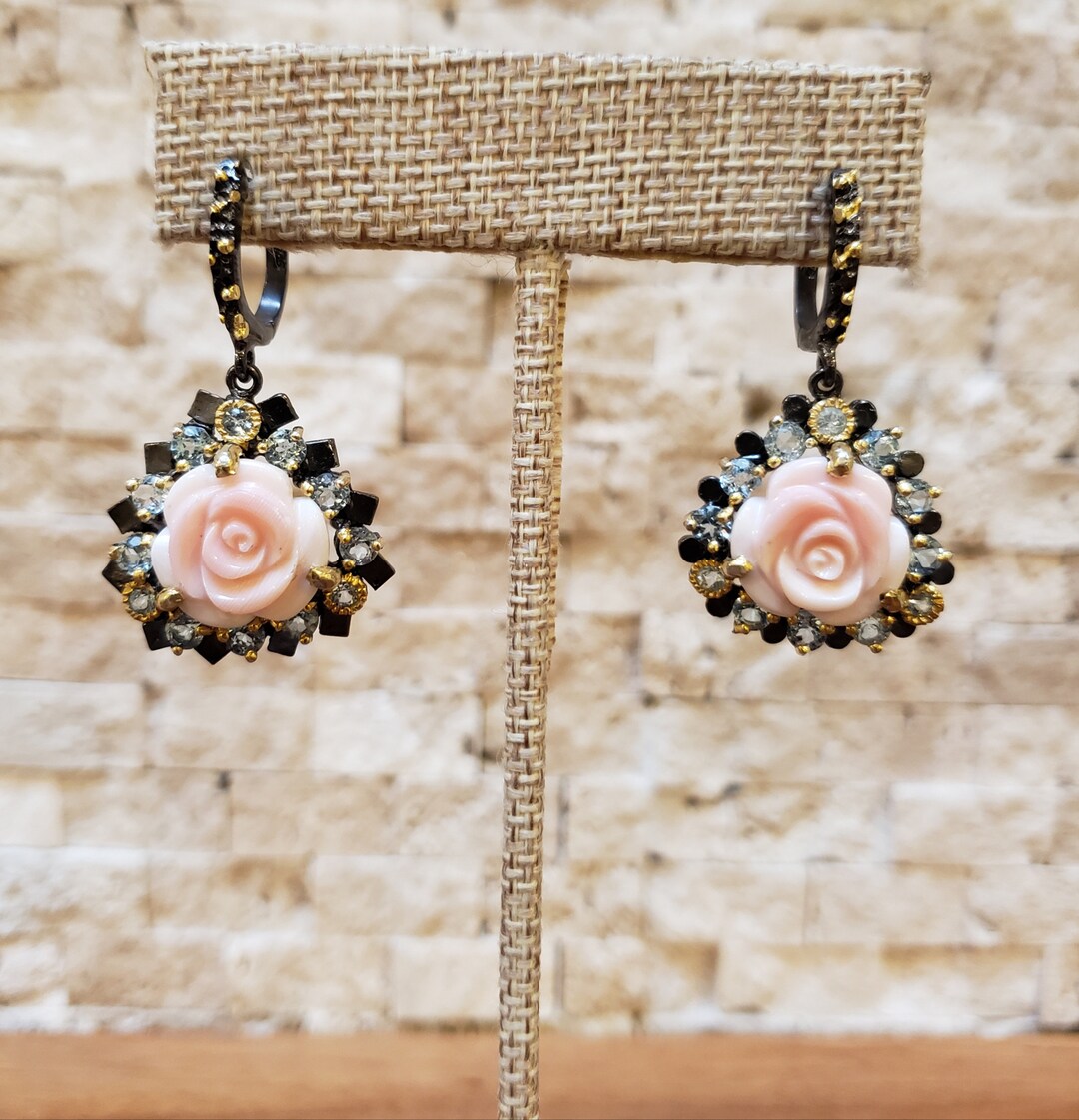 Hand Carved Conch Shell Flowers and Blue Aquamarine Earrings in ...