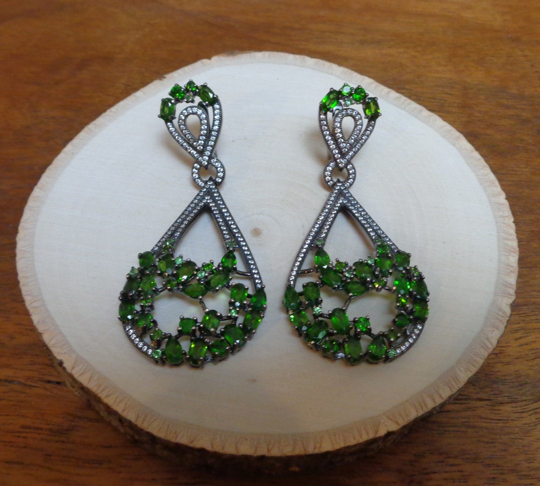 Emerald and Chrome Diopside Earring in Oxidized Sterling Silver and ...