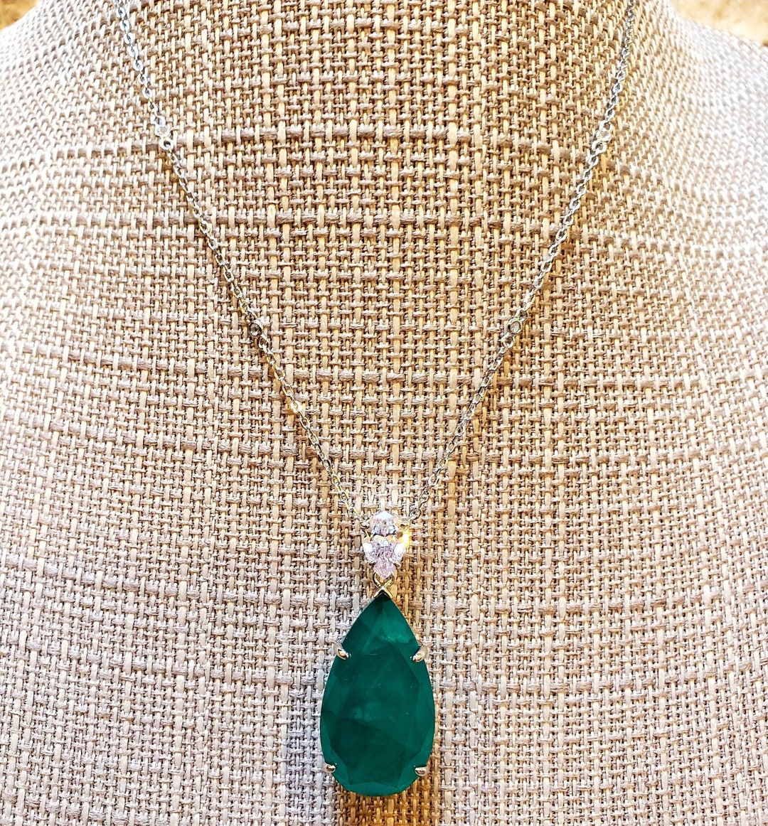 Vintage Emerald Tear Drop Necklace With Pear and Round CZ Done in 14k ...
