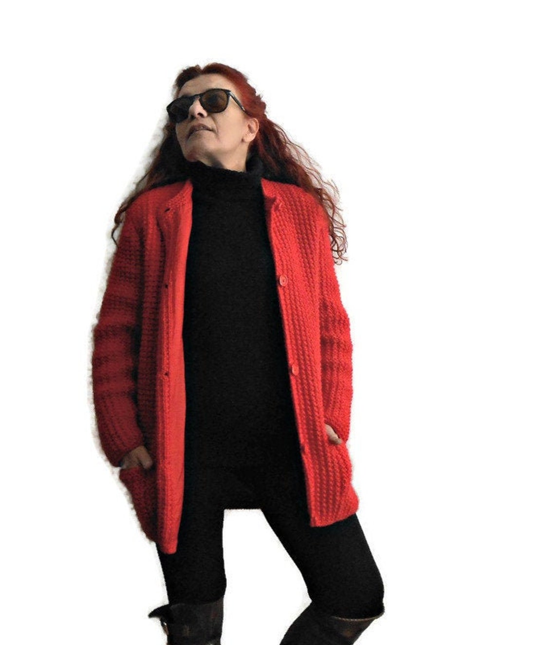 Red knit coat ready to ship wool knit long cardigan wool | Etsy