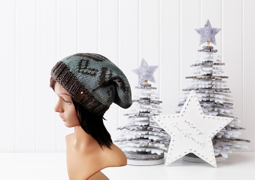 Wool Fair Isle Knit Hat, Nordic Style Slouchy Beanie, Jacquard Winter ...