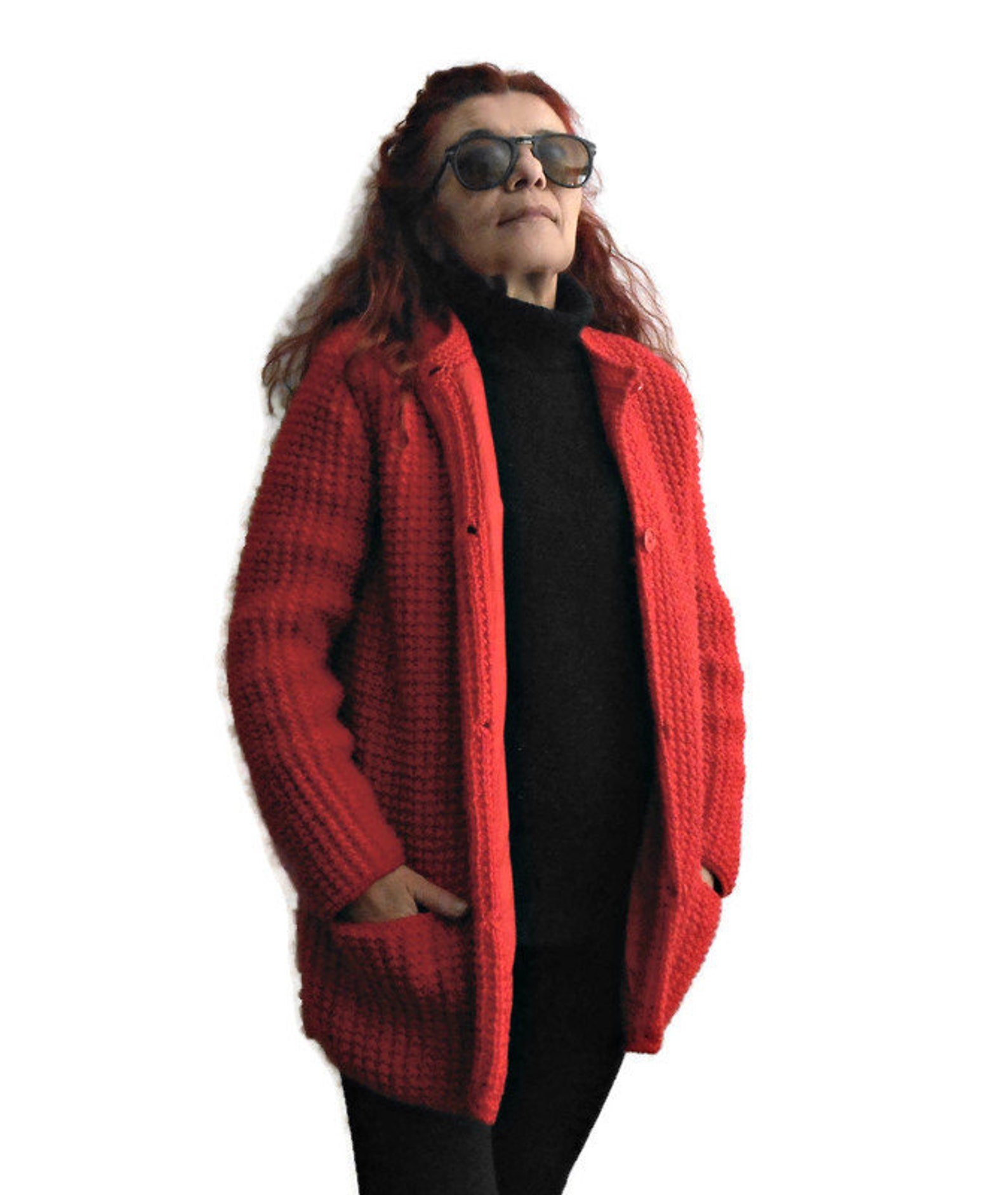 Red knit coat ready to ship wool knit long cardigan wool | Etsy