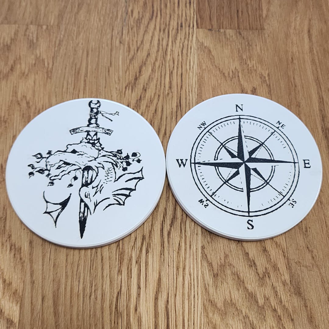 Laser Etched Ceramic Coaster: Sword & Dragon or Compass Rose Design - Etsy