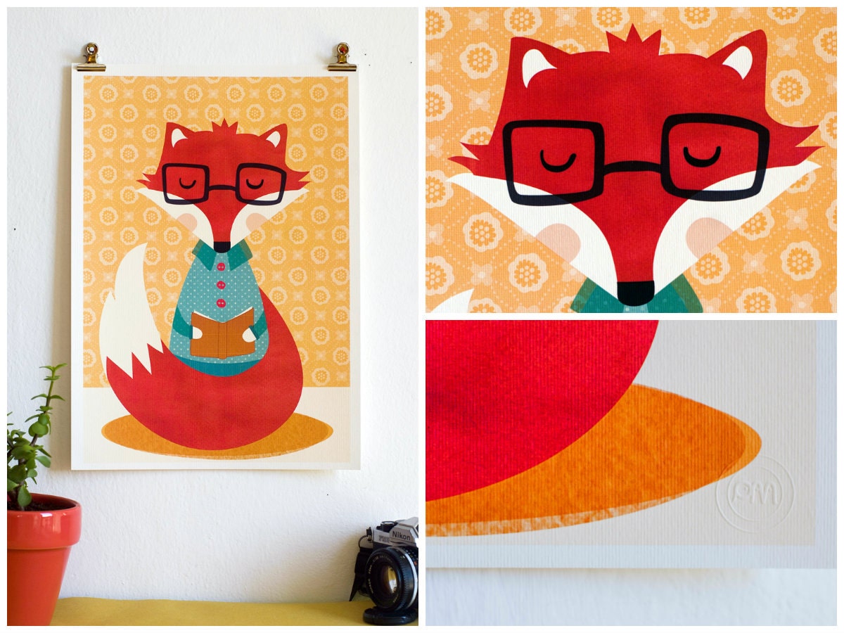 Animal Reading Art / Fox Art / Animals Reading Art / Fox Art Print ...