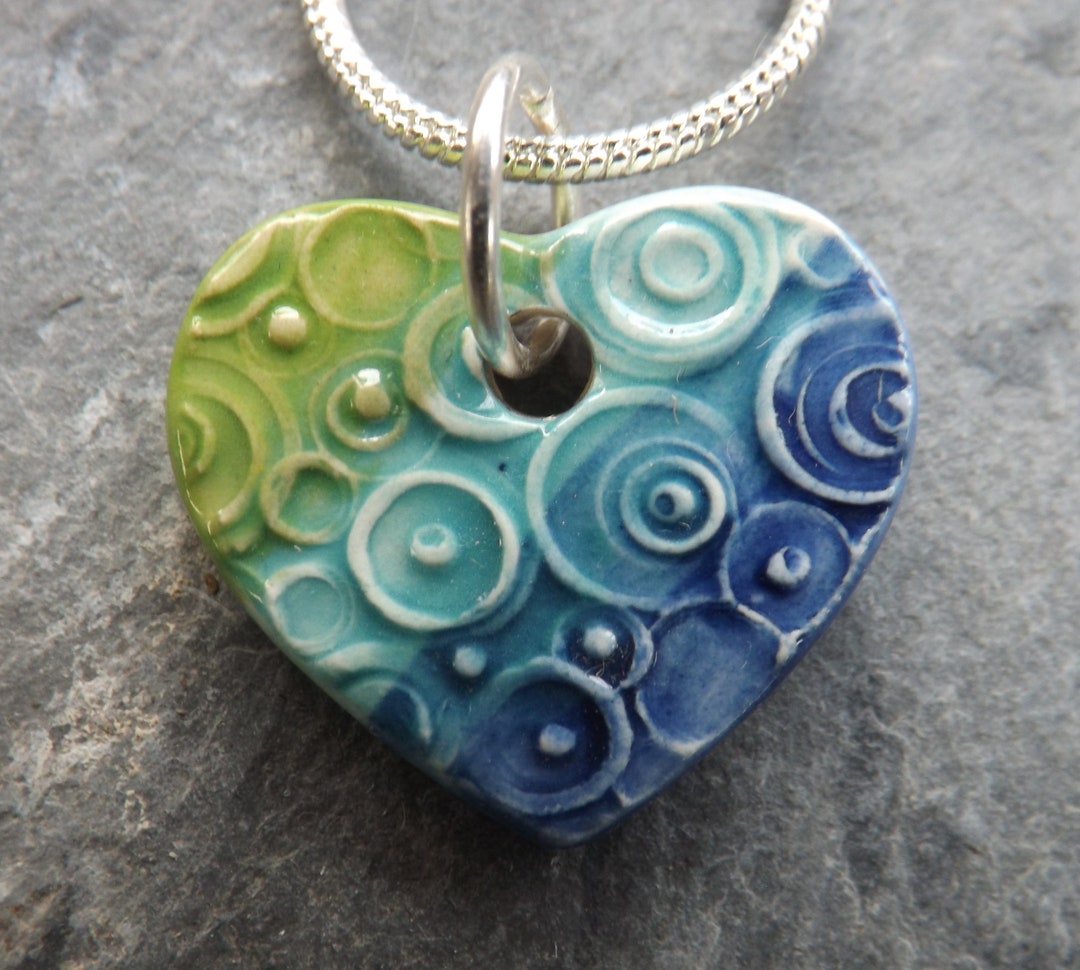 Handmade Ceramic Heart Pendant in Blue, Turquoise and Green - Etsy UK
