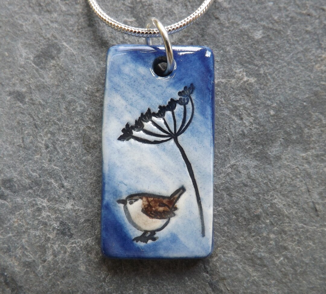 Handmade Ceramic Wren Under Cow Parsley Pendant in Blue and Brown - Etsy