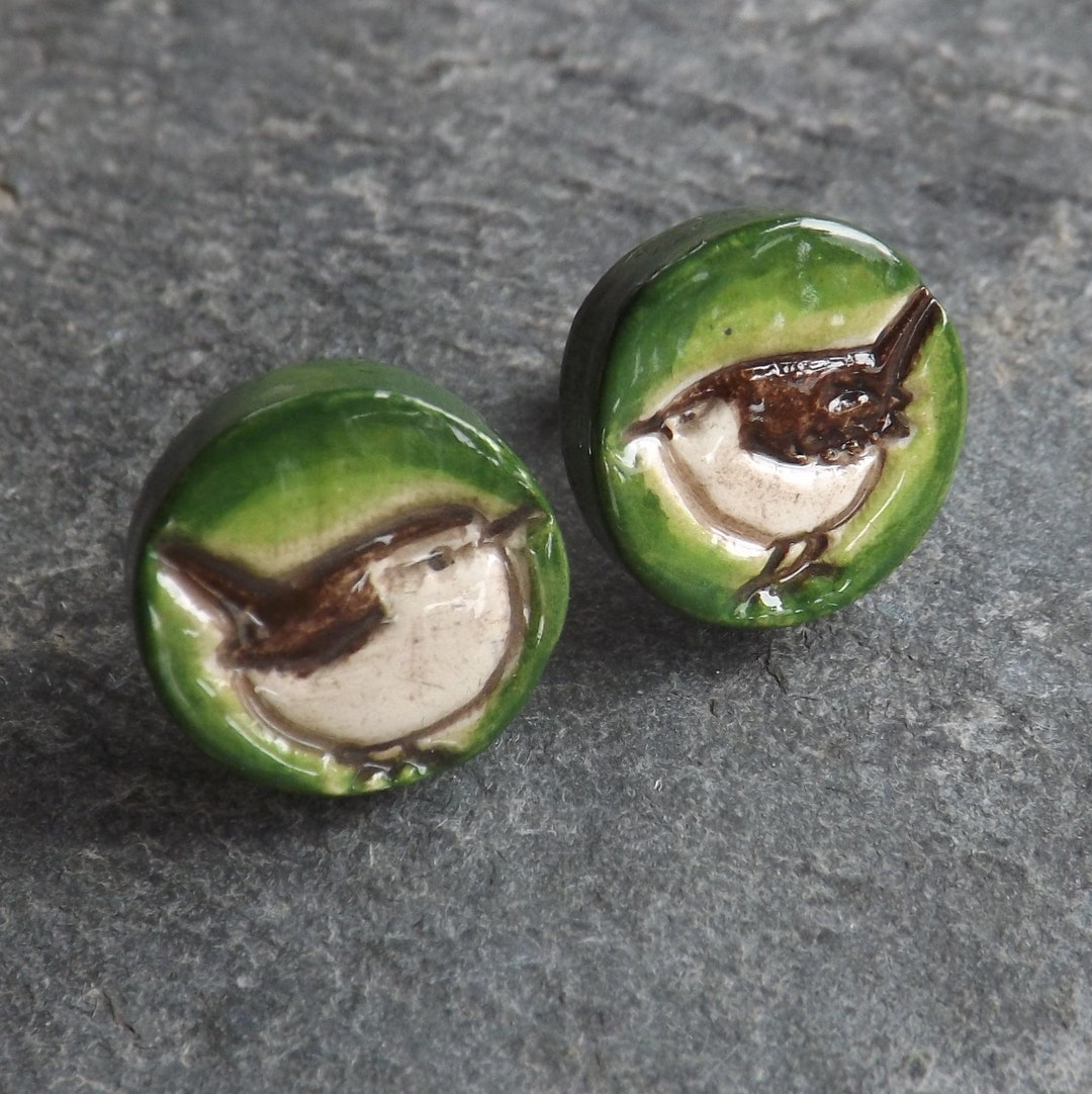 Wren Ceramic and Sterling Silver Stud Earrings in Green, Bird Lover ...