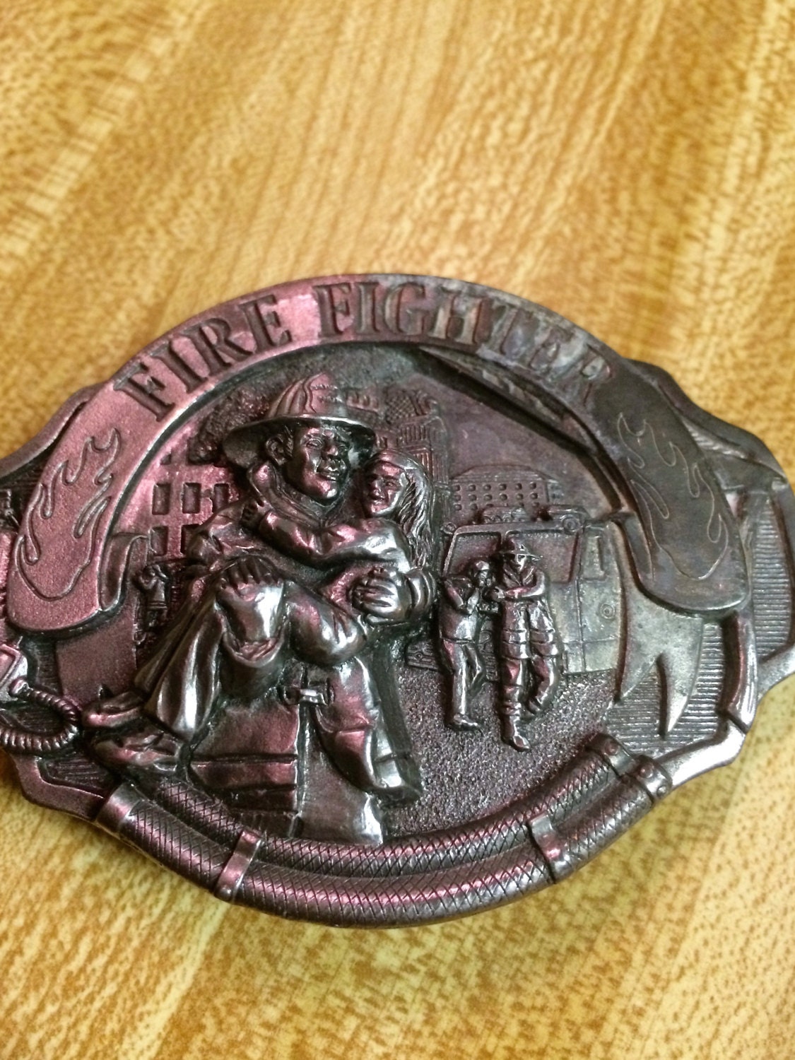 Vintage New Pewter Fireman Firefighter Belt Buckle Rescuing Child Man ...