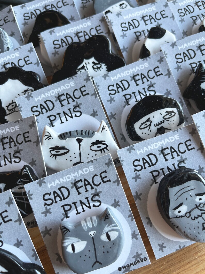 Cute Handmade Sad Face Clay Pins Cat - Etsy
