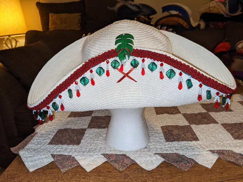 White Straw Tricorn Pirate Renaissance Hat With Red, Burgundy, Green ...