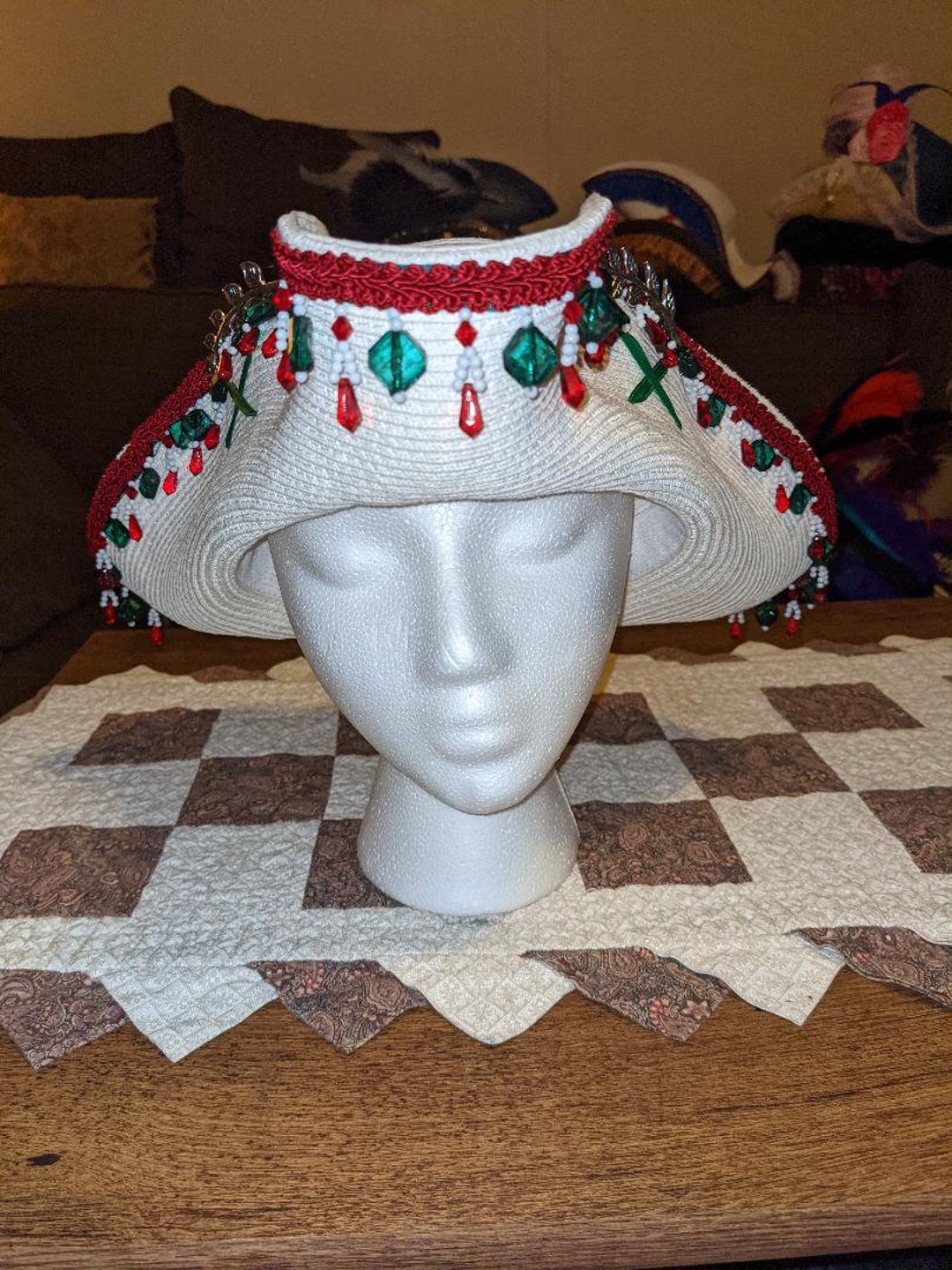 White Straw Tricorn Pirate Renaissance Hat With Red, Burgundy, Green ...