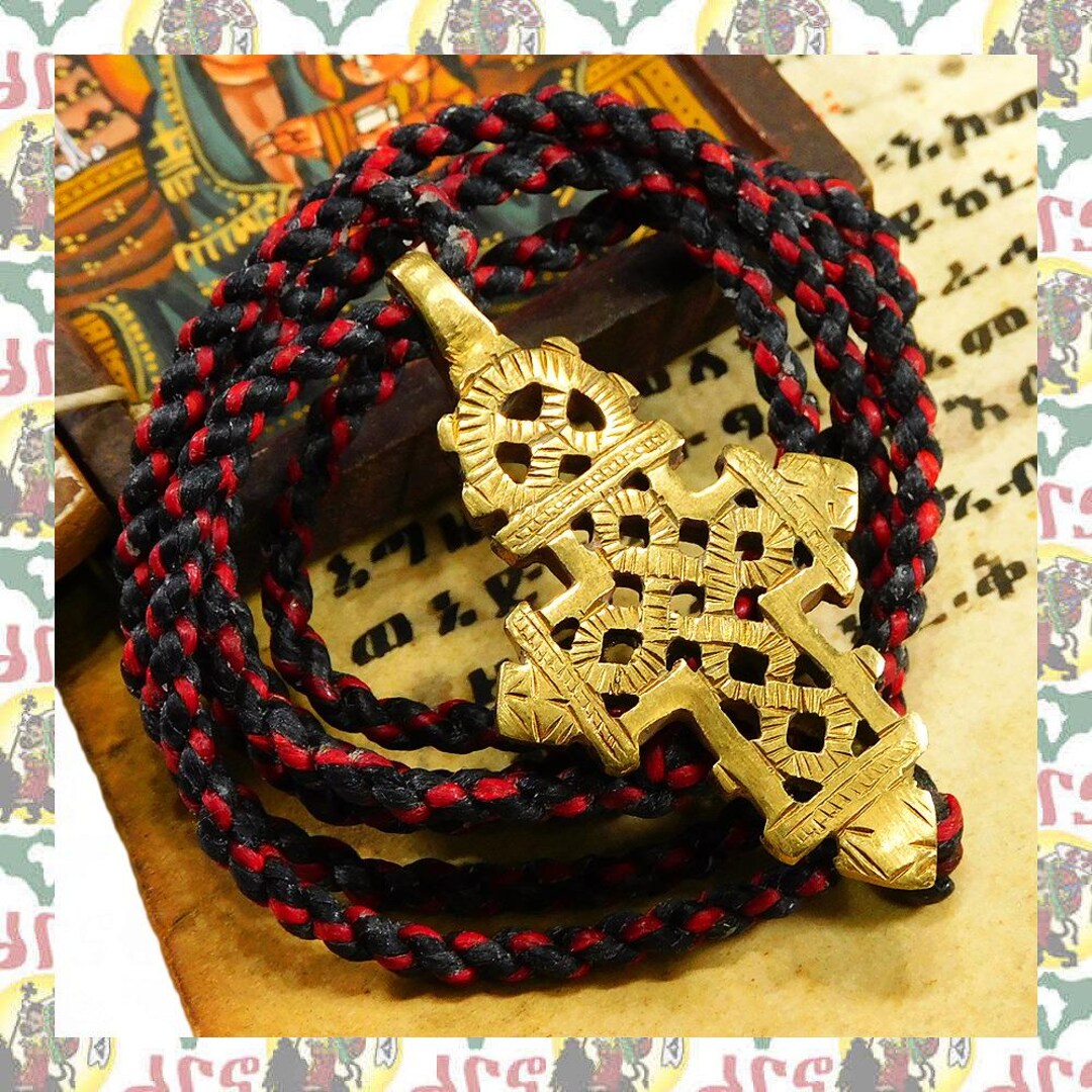 Ethiopian Brass Cross Wax-cord Braided Necklace D08 / Reggae Rasatafari ...