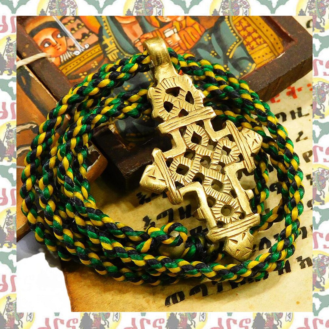Ethiopian Brass Cross Wax-cord Braided Necklace D05 / Reggae Rasatafari ...