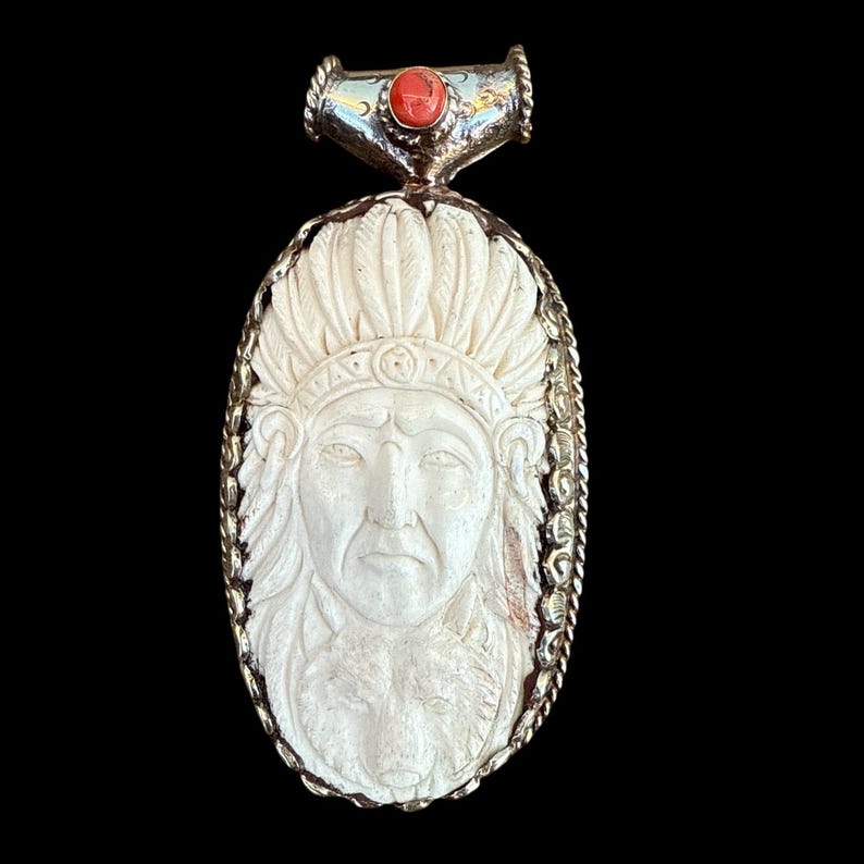 Carved Buffalo Bone Indian Chief Pendant: Tibetan Silver Boho Necklace ...