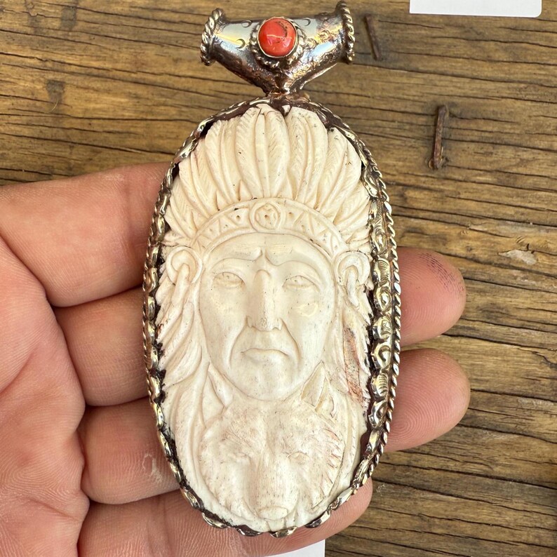 Carved Buffalo Bone Indian Chief Pendant: Tibetan Silver Boho Necklace ...