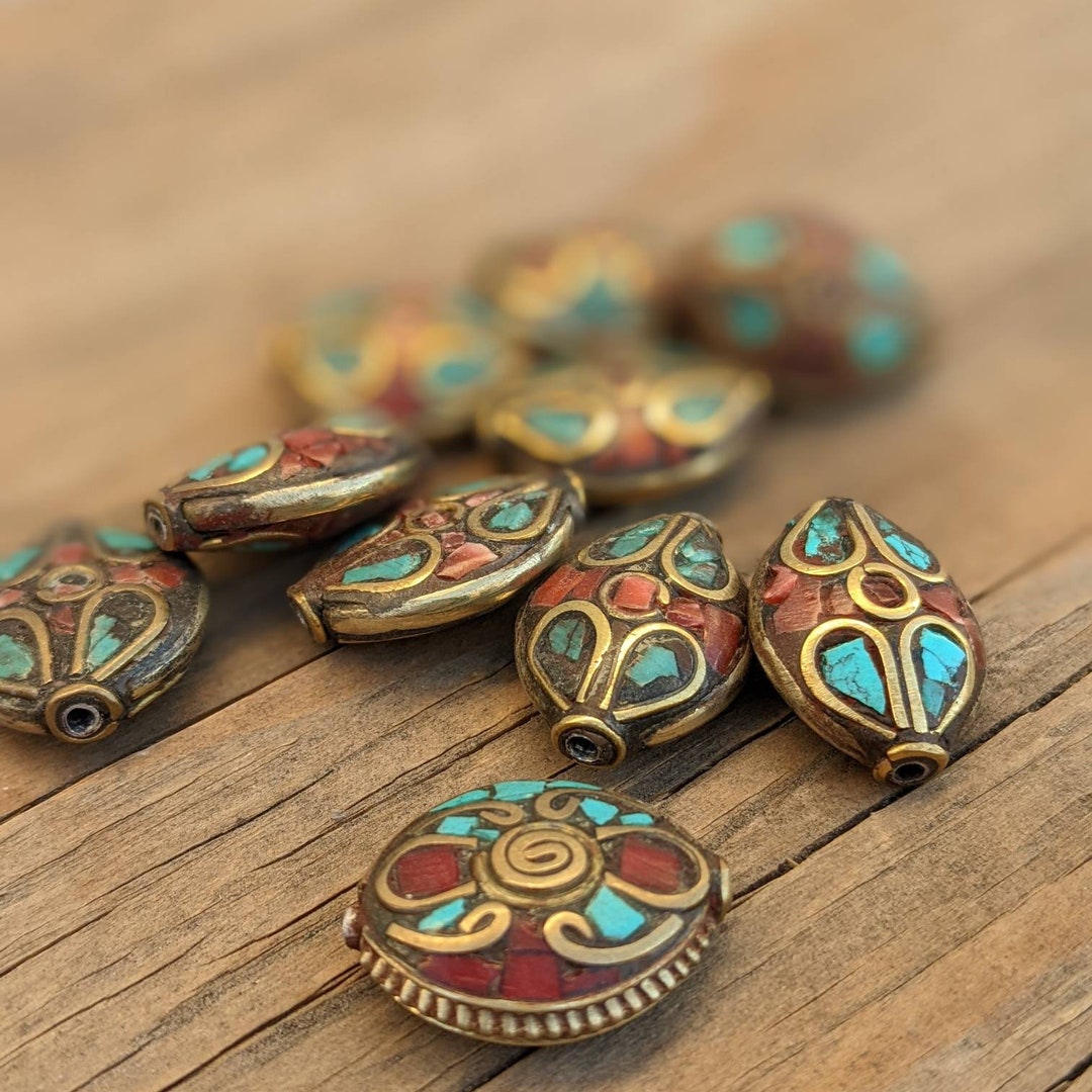 Handcraft 10 Beads - Rice Bean Shape Ethnic Himalayan Bead With Circles ...