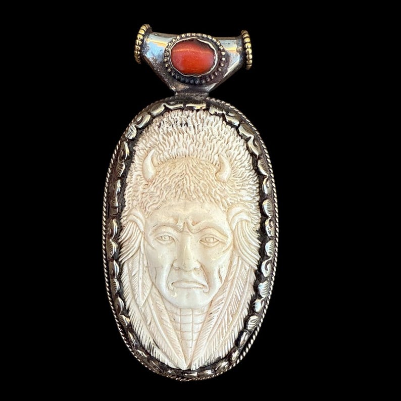 Carved Buffalo Bone Indian Chief Pendant: Tibetan Silver Boho Necklace ...