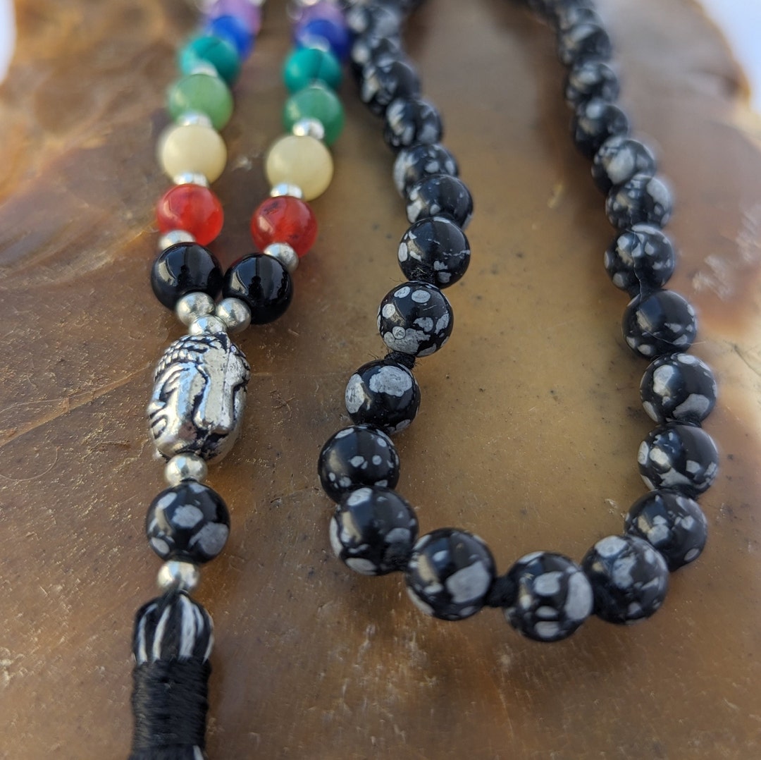 Snowflake Obsidian With 7chakra Stone/ Snowflake Mala/ Knotted ...