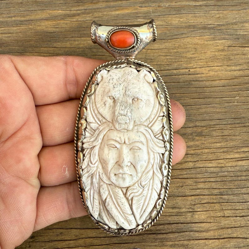 Carved Buffalo Bone Indian Chief Pendant: Tibetan Silver Boho Necklace ...