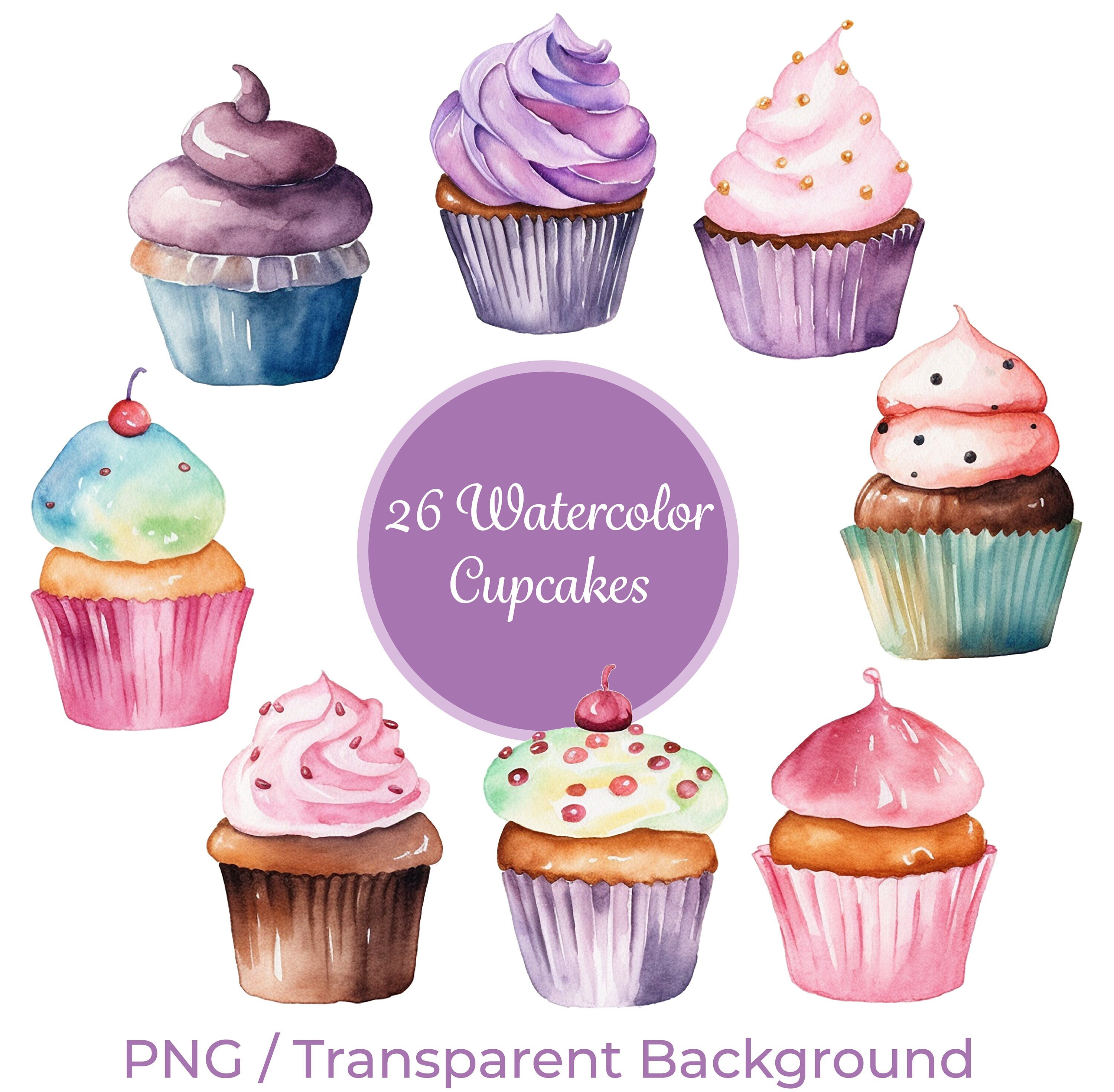 Watercolor Cupcake Clipart Wedding Cupcakes Watercolor Dessert - Etsy