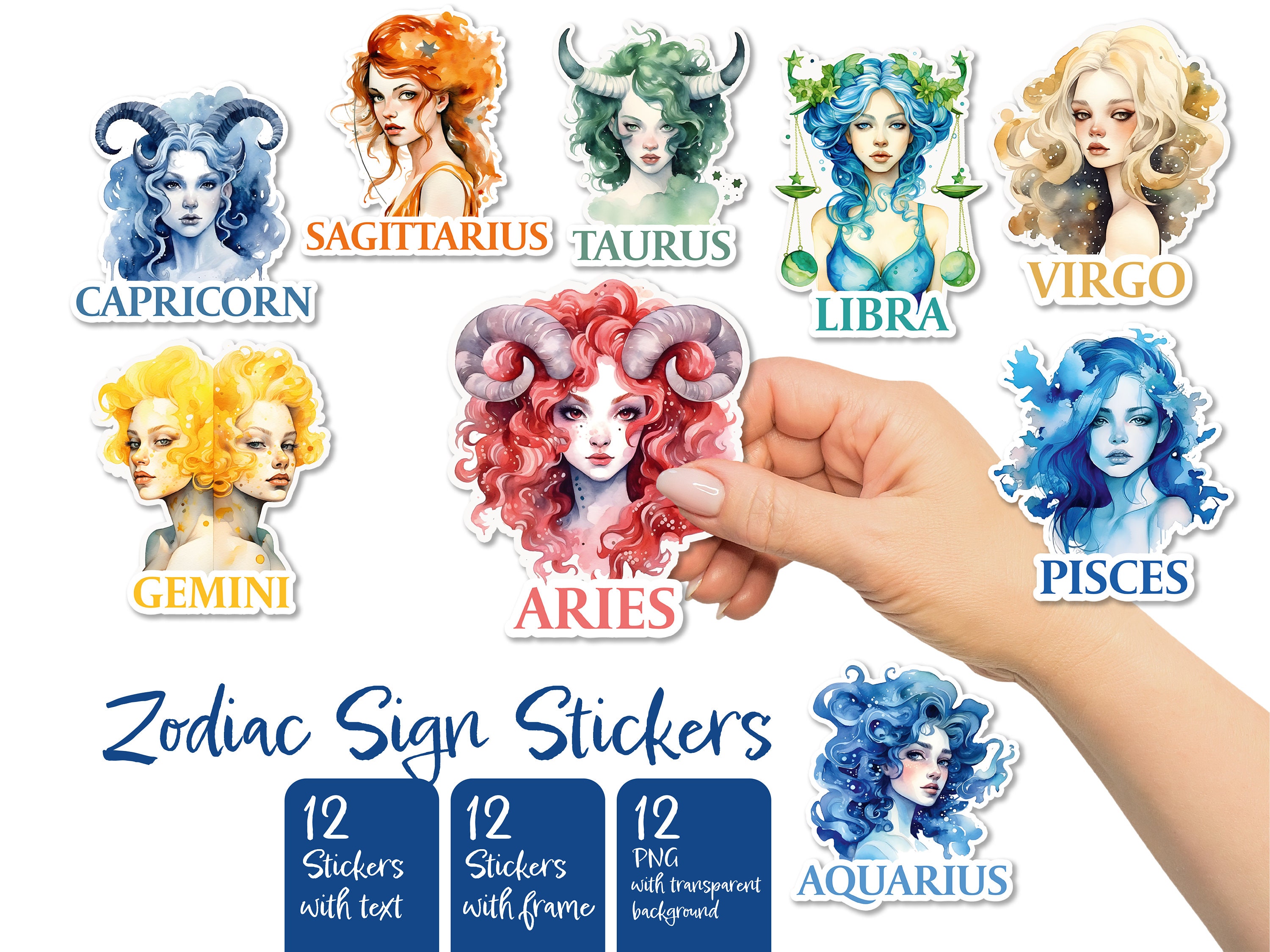 Zodiac Sign Stickers Watercolor Zodiac Sign Woman Sticker Clipart ...