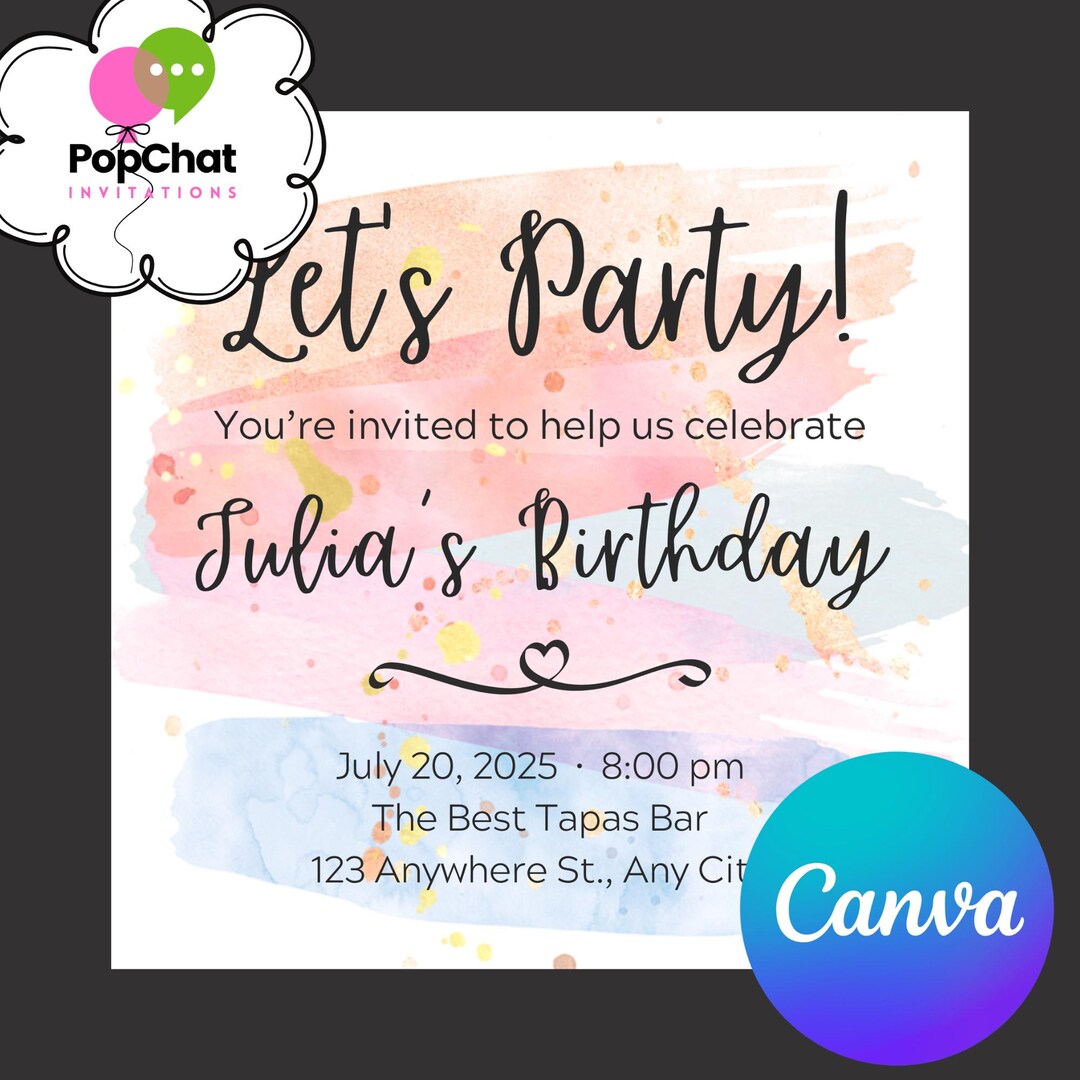 Let’s Party Invitation – Pastel Watercolor Birthday Invite – Editable ...