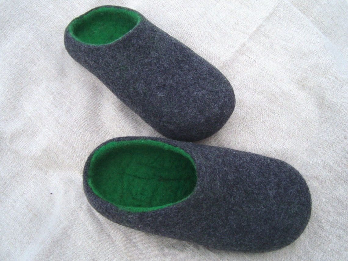 Felt Slippers Men Wool Home Shoes Dark Gray With Green - Etsy