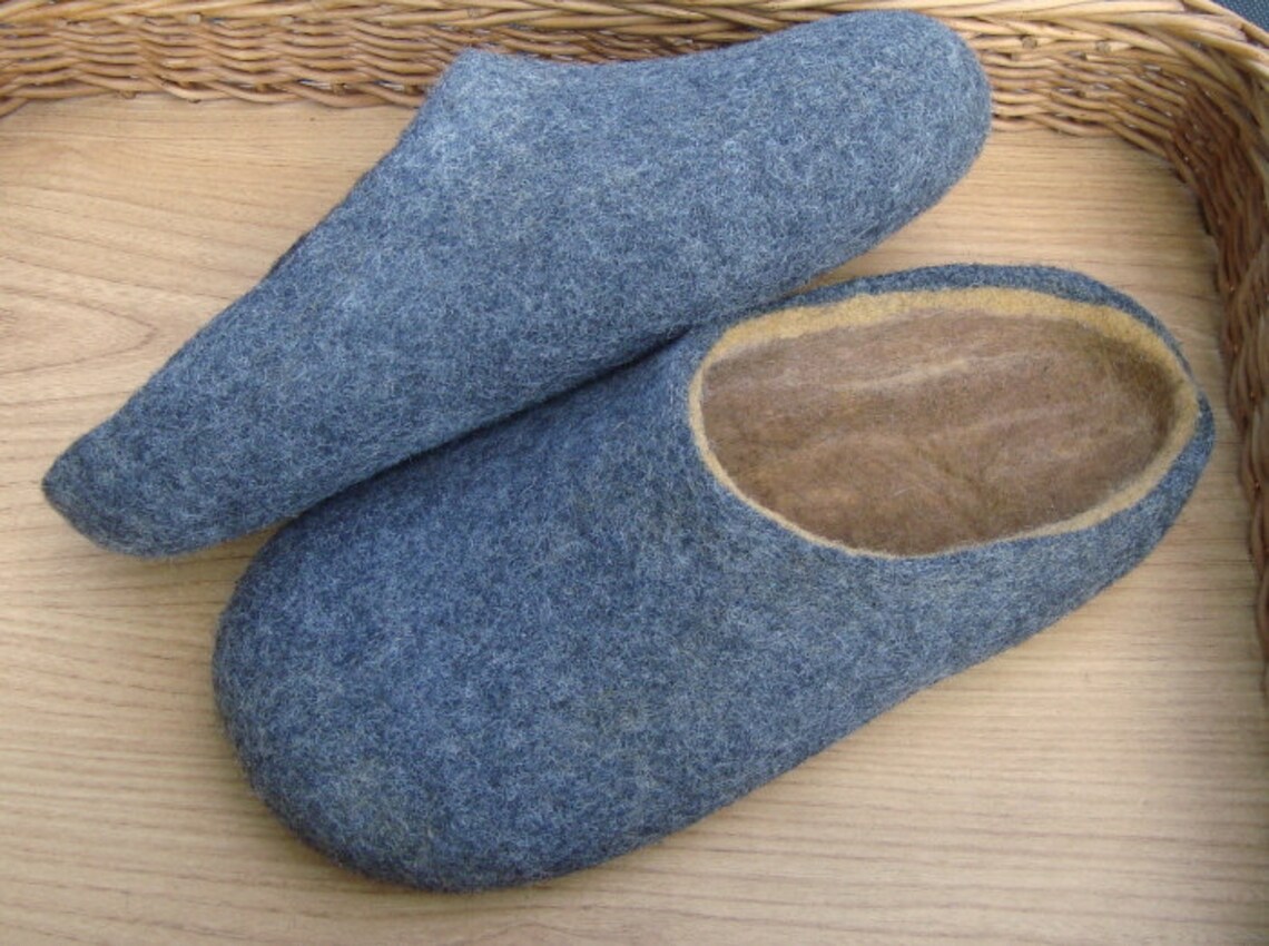 Felt Slippers Men Wool Home Shoes Gray With Beige | Etsy