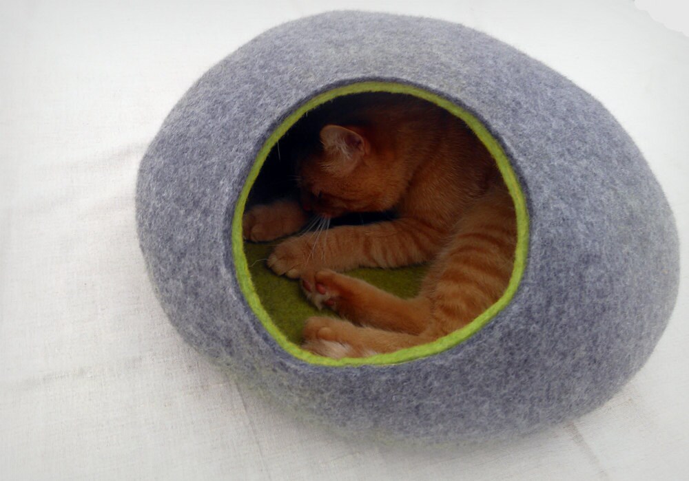 Cat Bed/cat Cave/cat House/gray With Green Felted Cat Cave/ Any сolors ...