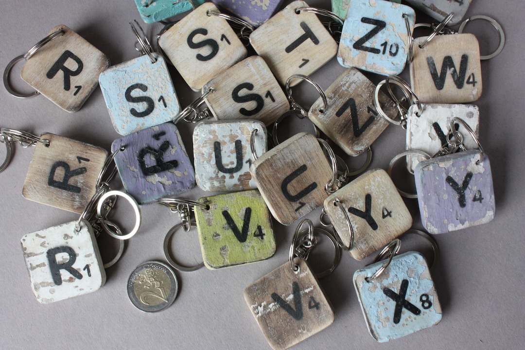 1 Key Chain Scrabble Tiles Letter, Key Ring Pendant, Rustic Square ...