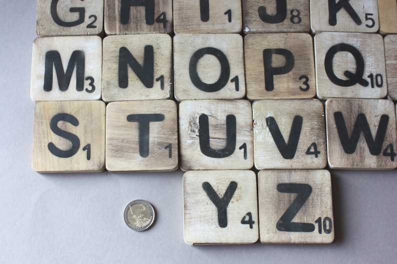 12 Scrabble Tiles Letters Rustic Square Wooden Black Alphabet, Sign for ...