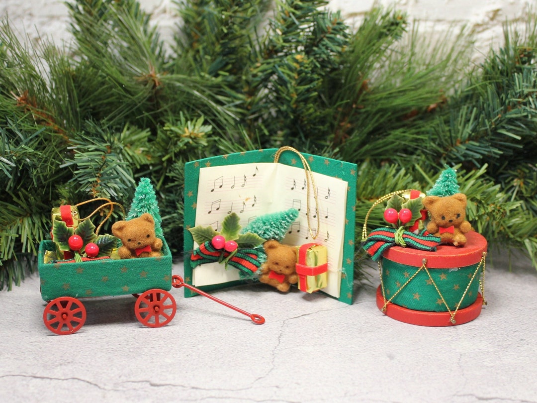 Retro Flocked Teddy Bear Christmas Ornaments. Set of 3 Flocked Teddy ...