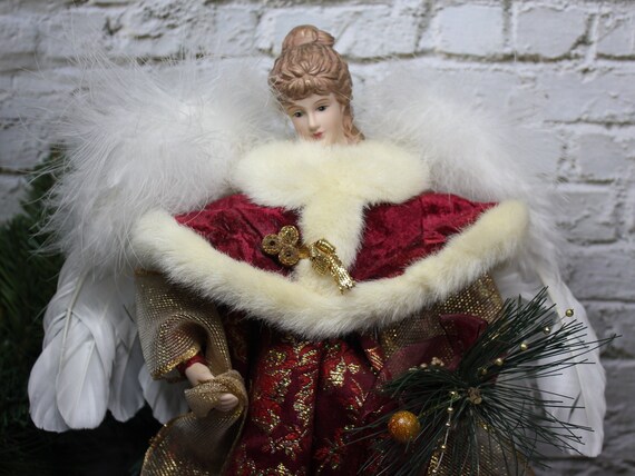 Vintage Tree Topper.red Angel With Feathers and Green Sprig. - Etsy